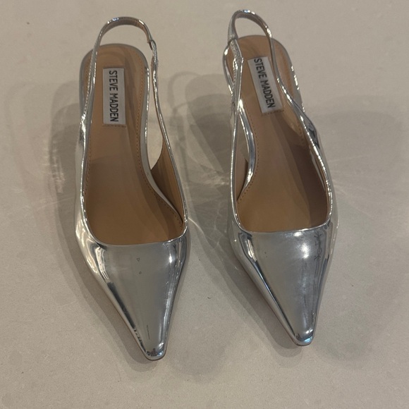 Steve Madden | Shoes | Steve Madden Metallic Silver Slingback Heels ...